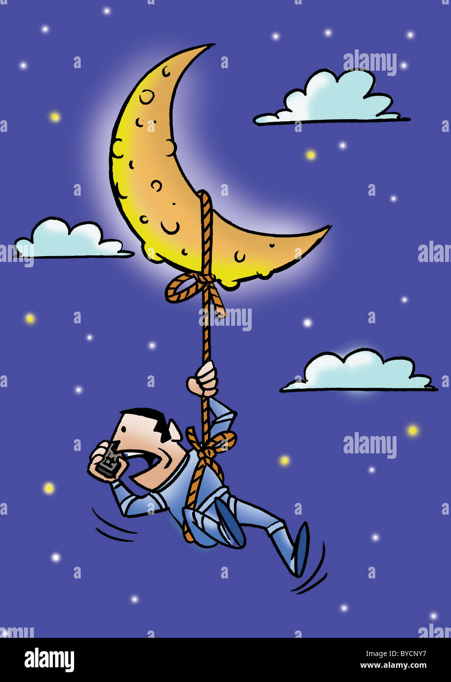 a astronaut hug a rope and talking in mobile phone Stock Photo - Alamy