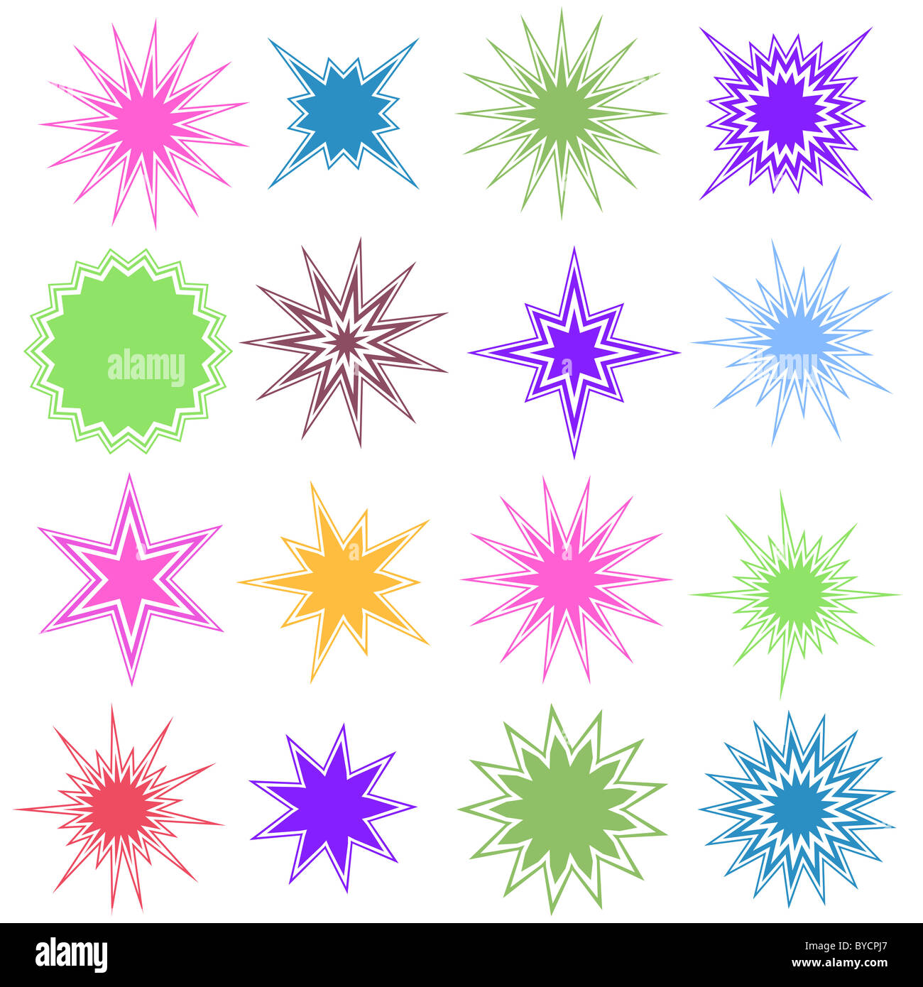 Set of 16 different starburst designs in various colors Stock Photo - Alamy