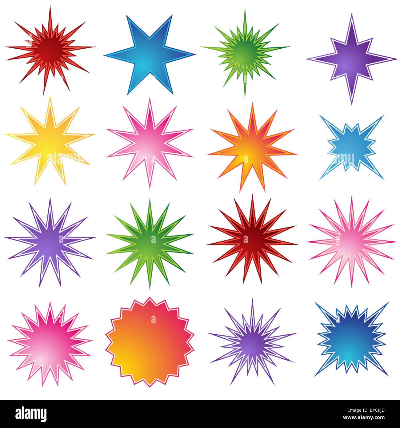 Set of 16 different starburst designs in various colors Stock Photo - Alamy
