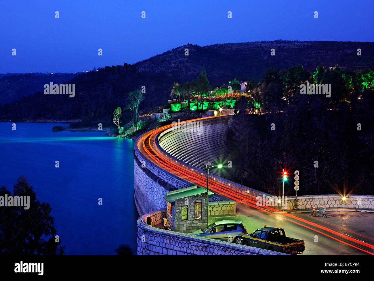 Marathon dam and artificial lake, in the "blue" hour. Attica, Greece ...