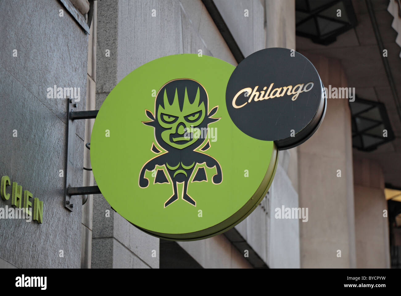 Logo for the Chilango gourmet Mexican restaurant above the store on ...