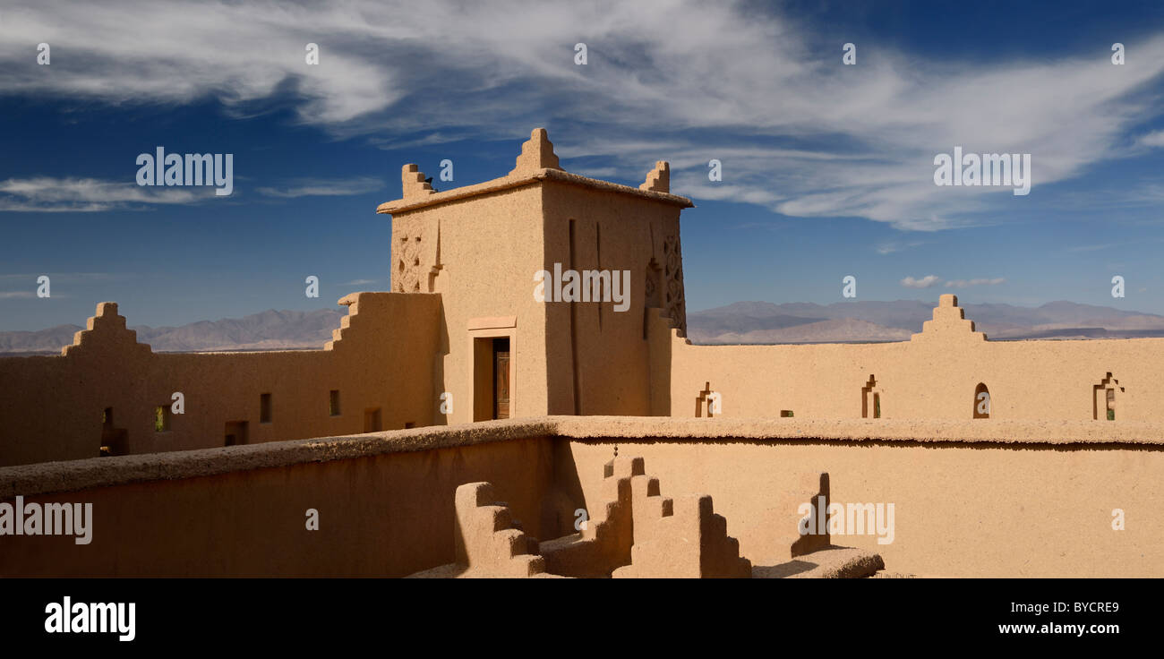 Panorama of High Atlas mountains from Kasbah Ait Ben Moro mud building ...