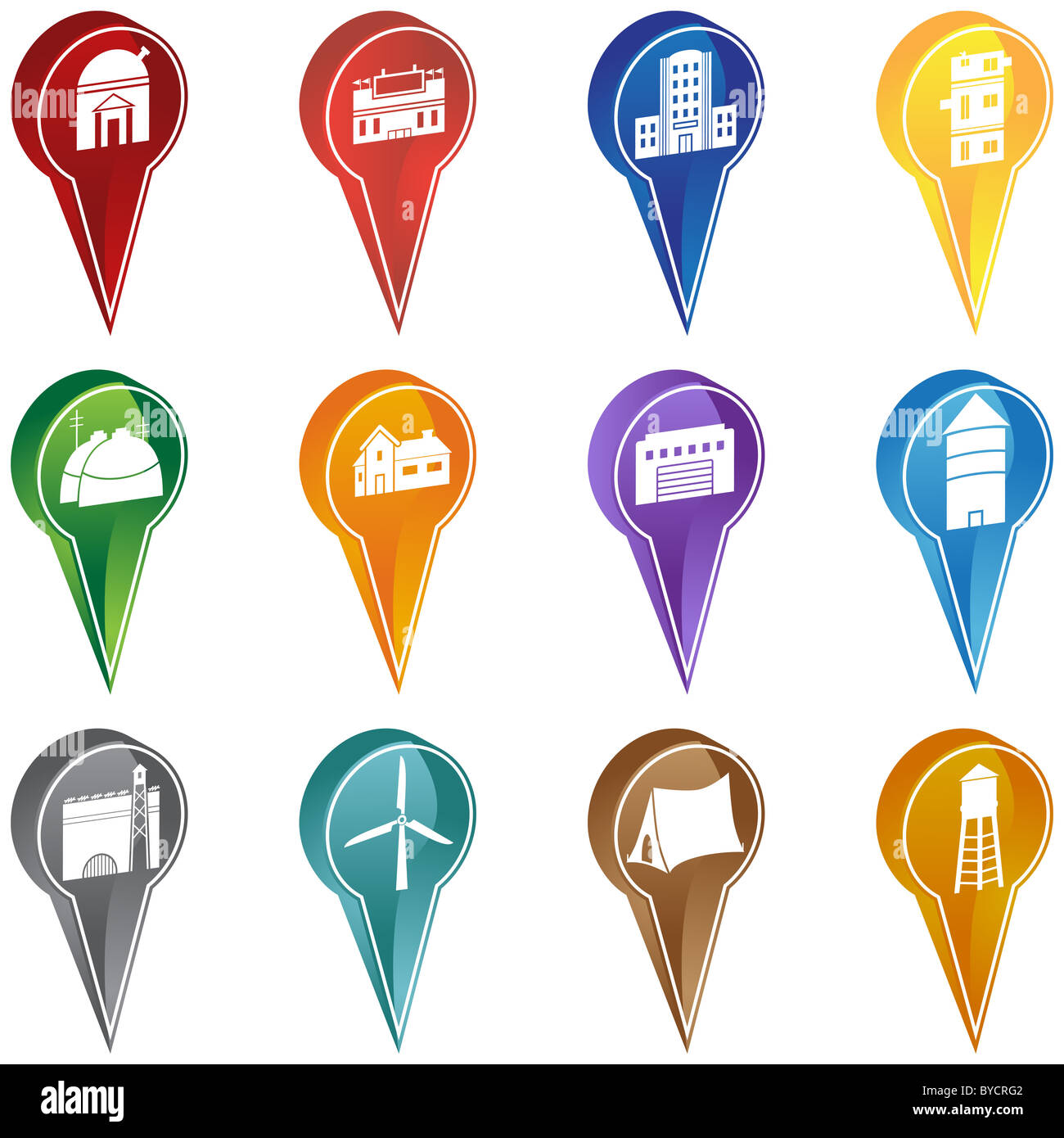 Set of 12 3D building icons used as marking points Stock Photo - Alamy