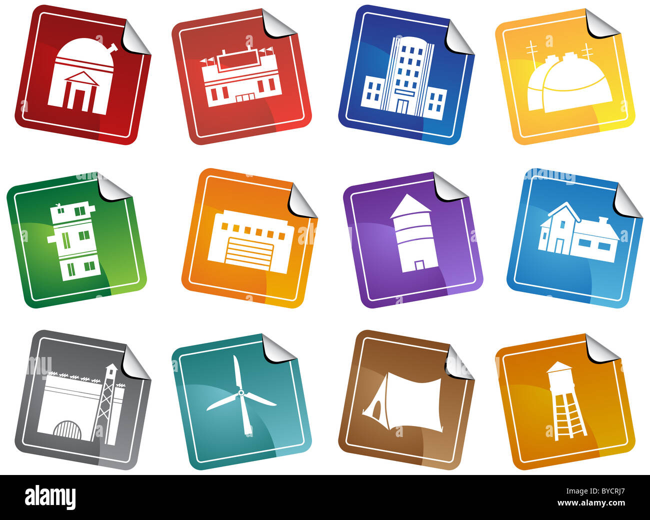 Set of 12 building structures - sticker style Stock Photo - Alamy