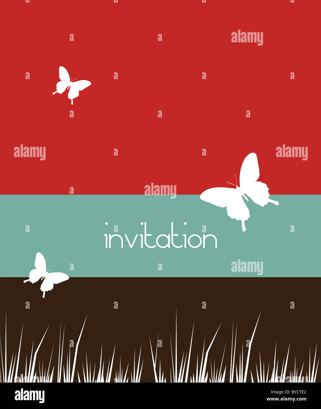 Butterfly and grass background. Spring motif design on red, black and ...