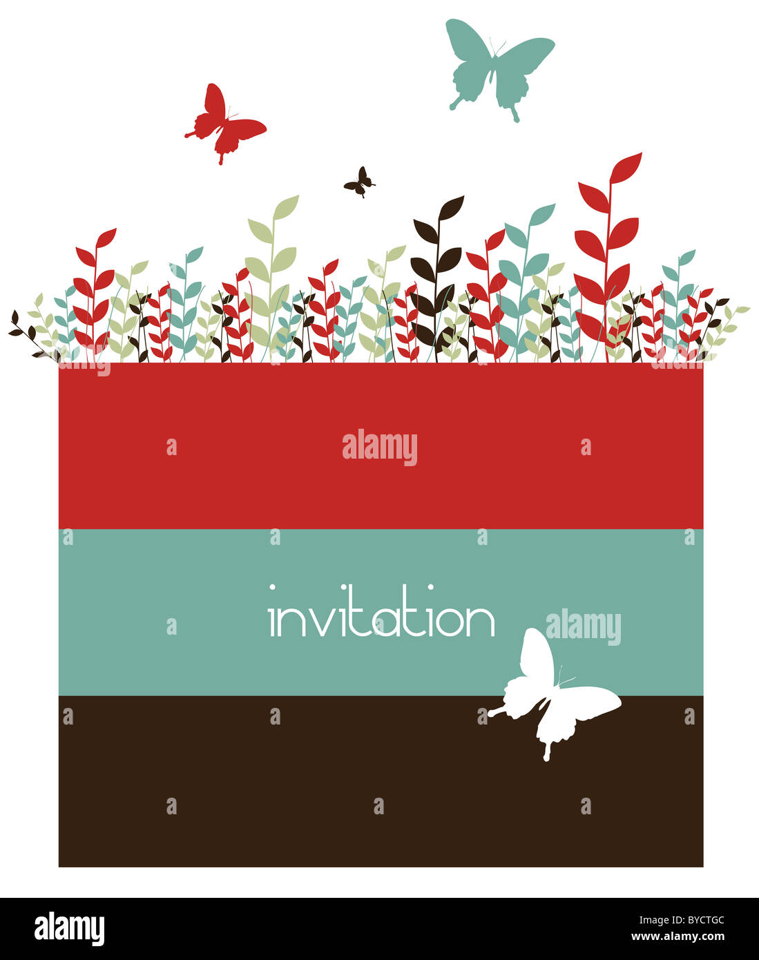 Butterfly and leaves background. Spring motif design on red, black and ...