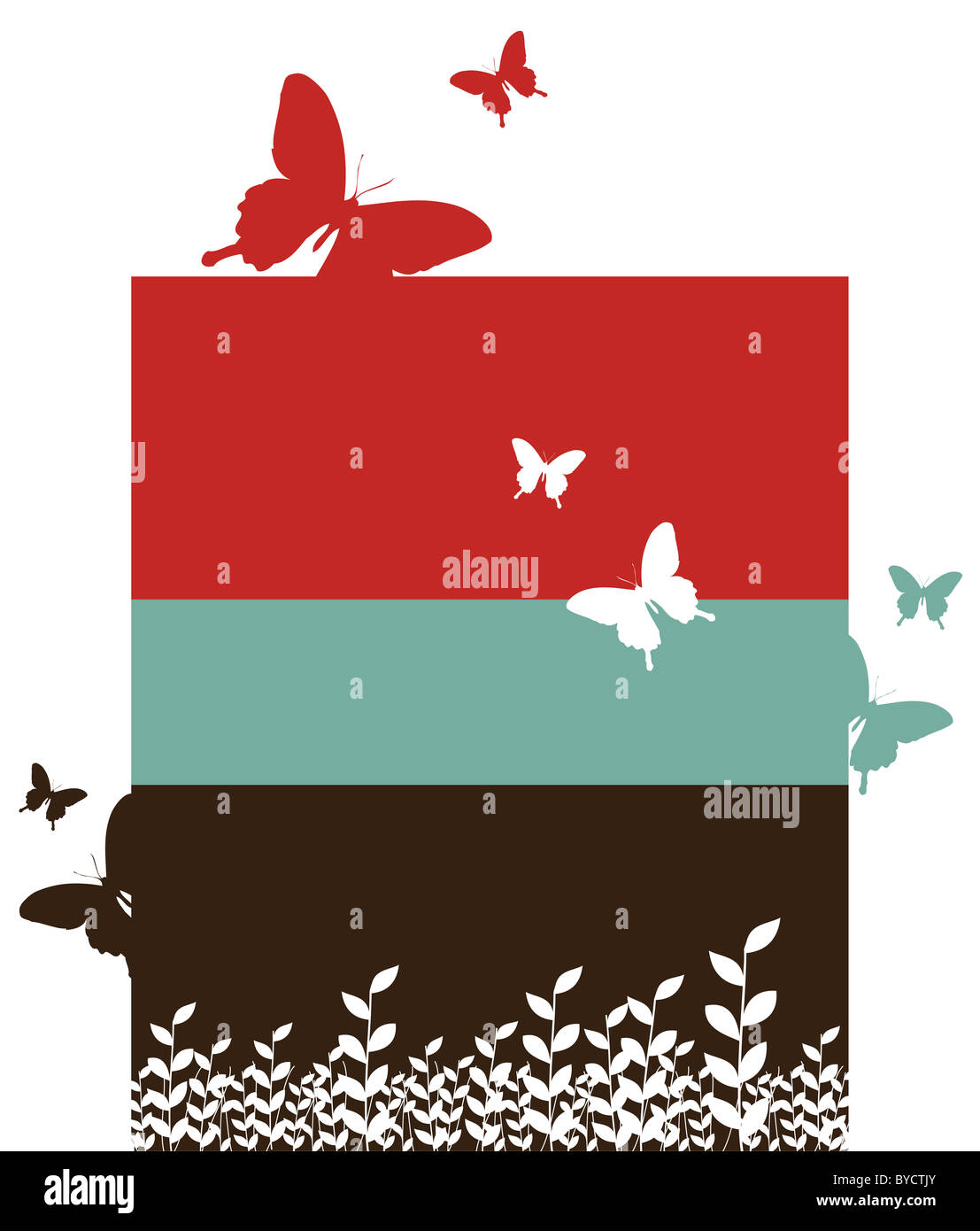 Butterfly and leaf pattern. Spring motif design on red, black and blue ...