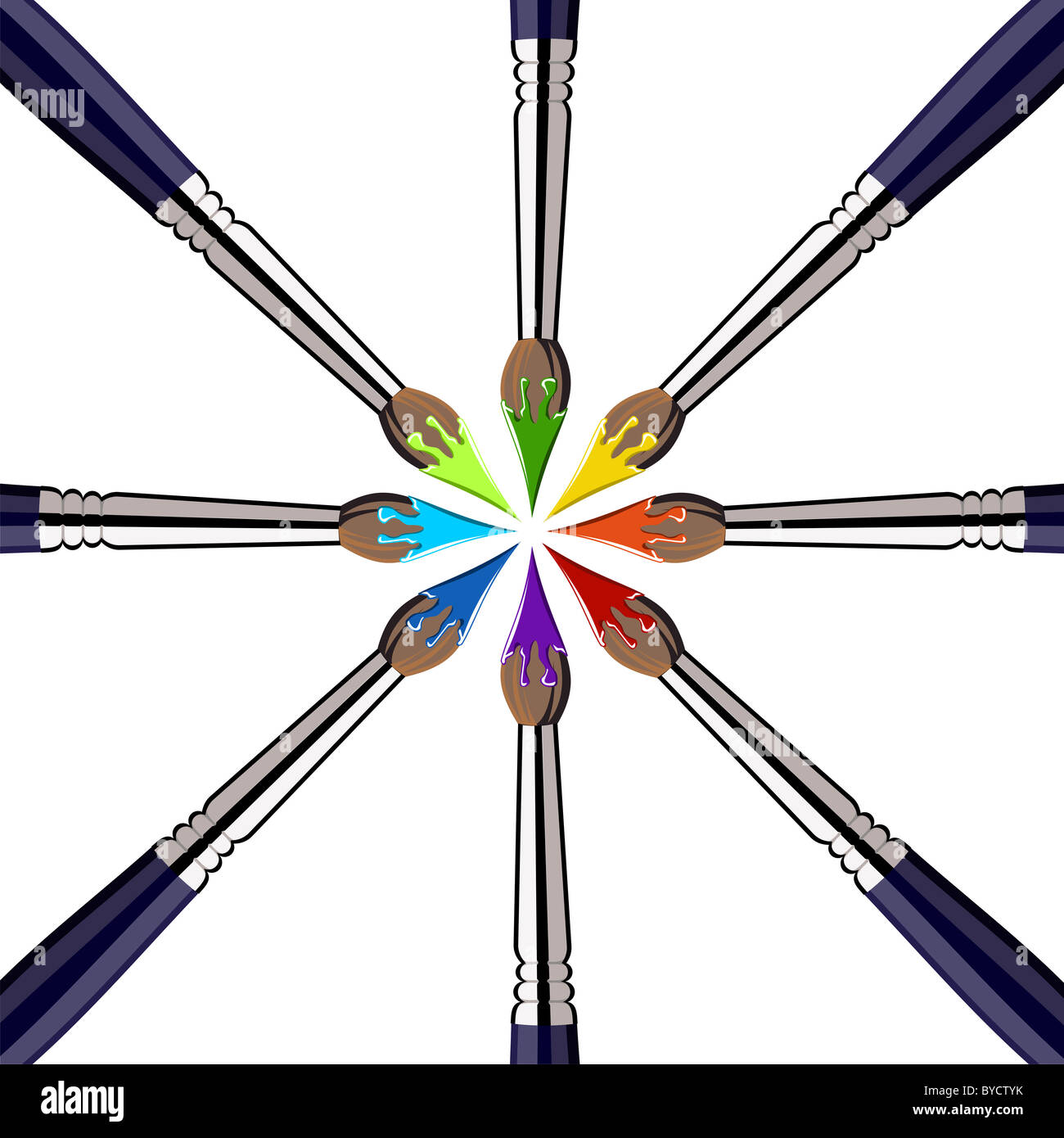 Eight paint brushes in a circle forming a colored flower. White ...