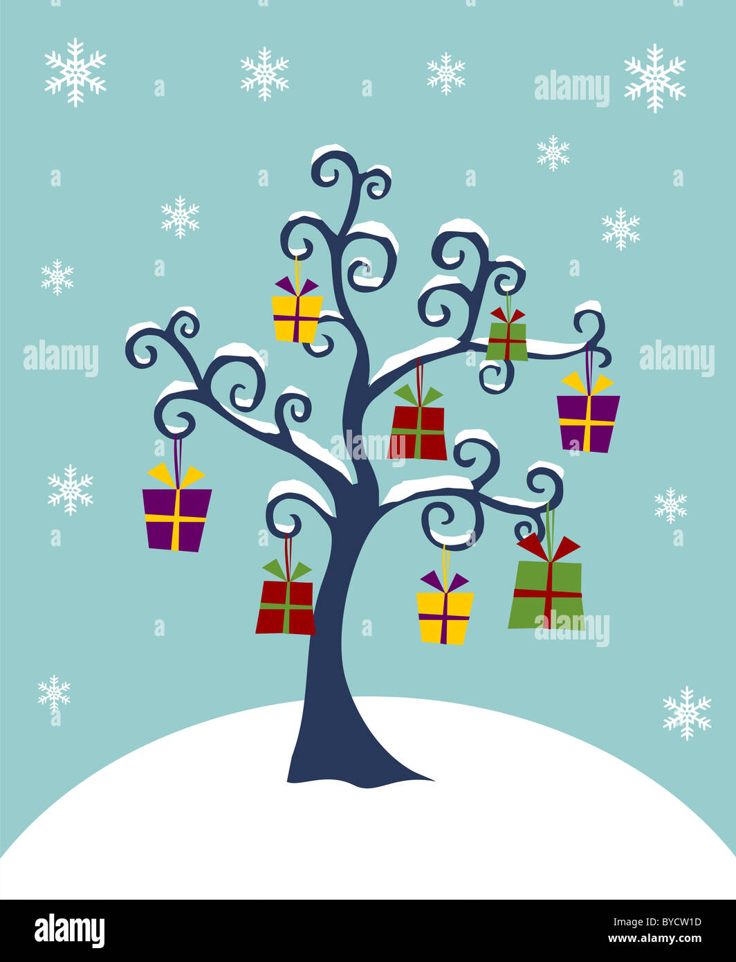 Christmas Tree with hanging gift boxes on a winter background. Vector ...