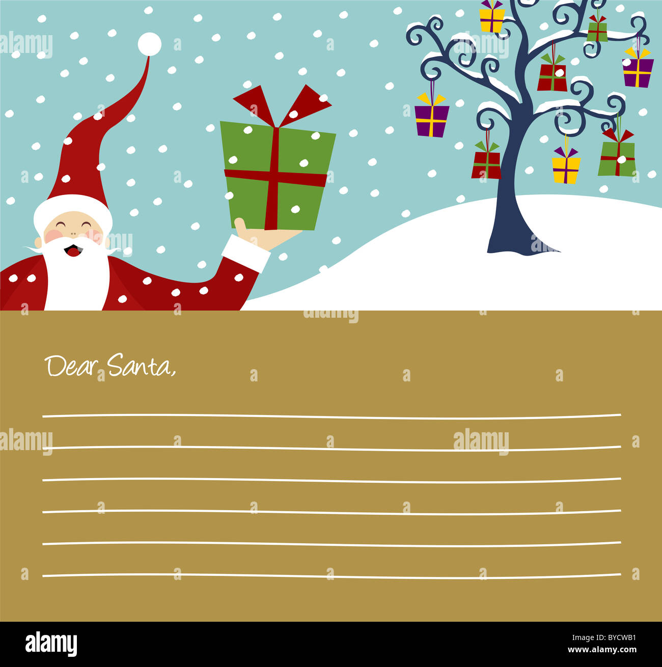 Happy Santa Claus and Christmas tree with lots of gifts letter ...