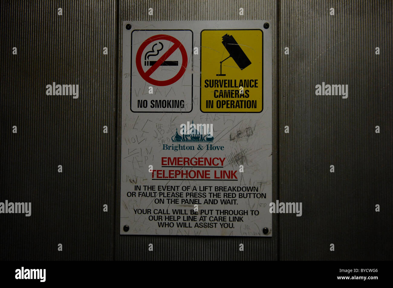 The warnings sign on the inside of a block of council flats lift in ...
