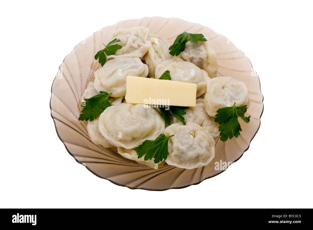 Pelmeni on white plate Cut Out Stock Images & Pictures - Alamy
