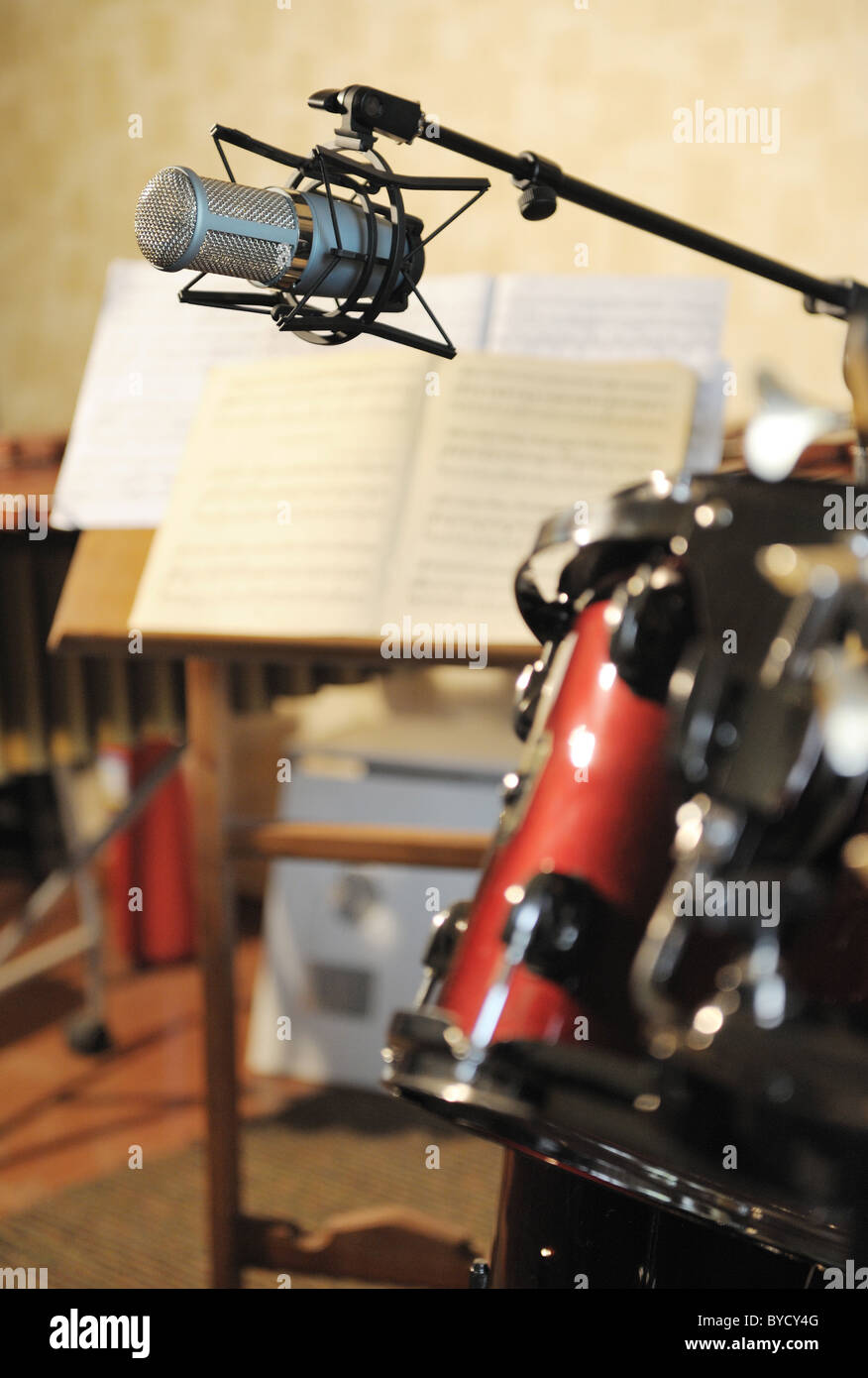 Studio musical microphone. A photo in real musical studio. Selective ...