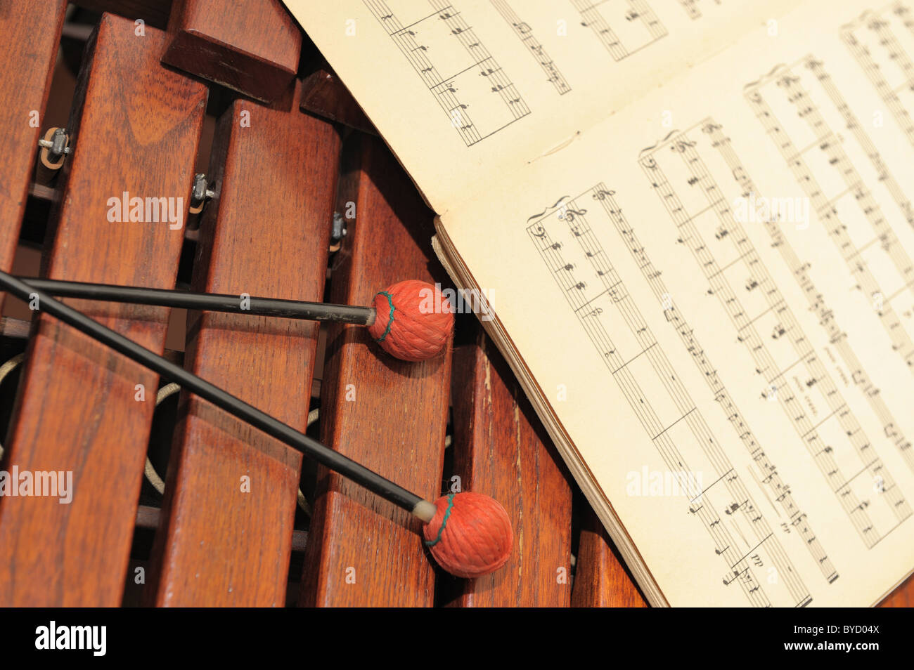Wood xylophone with notes and mallets. A photo close up. Original color ...