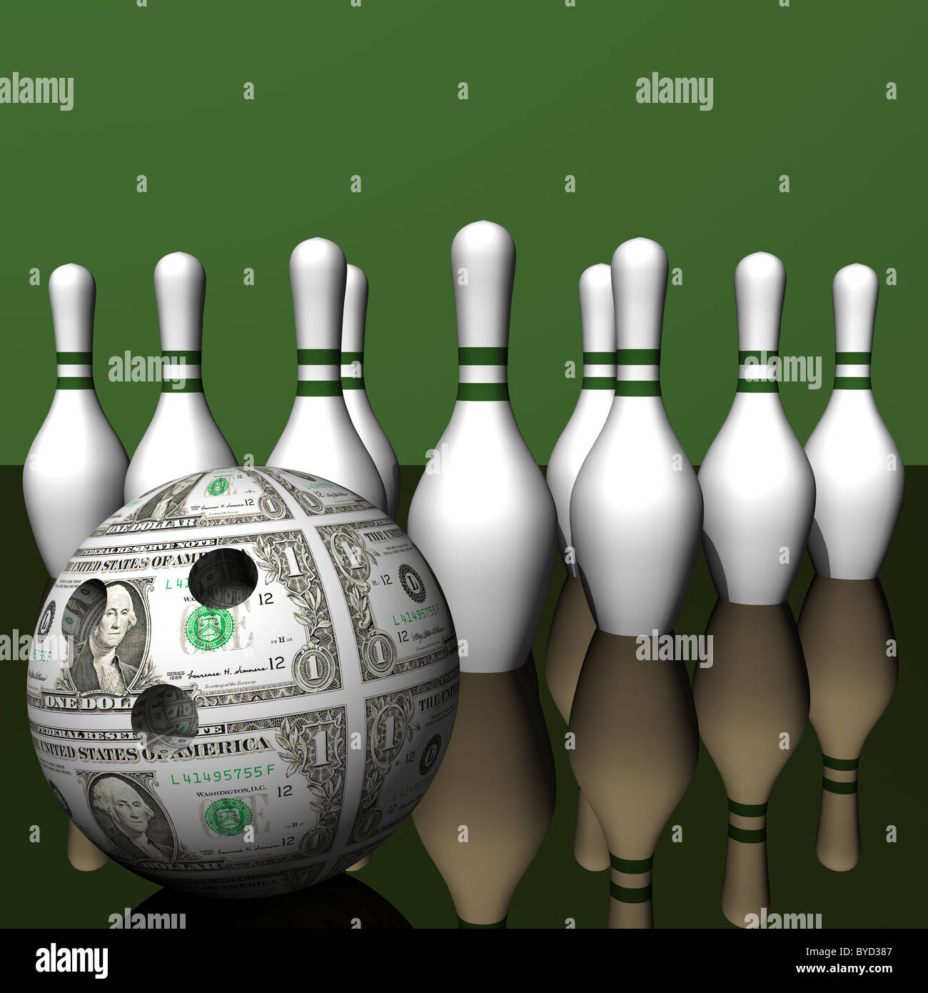 Dollar ball and white size of bowling on a smooth surface Stock Photo ...