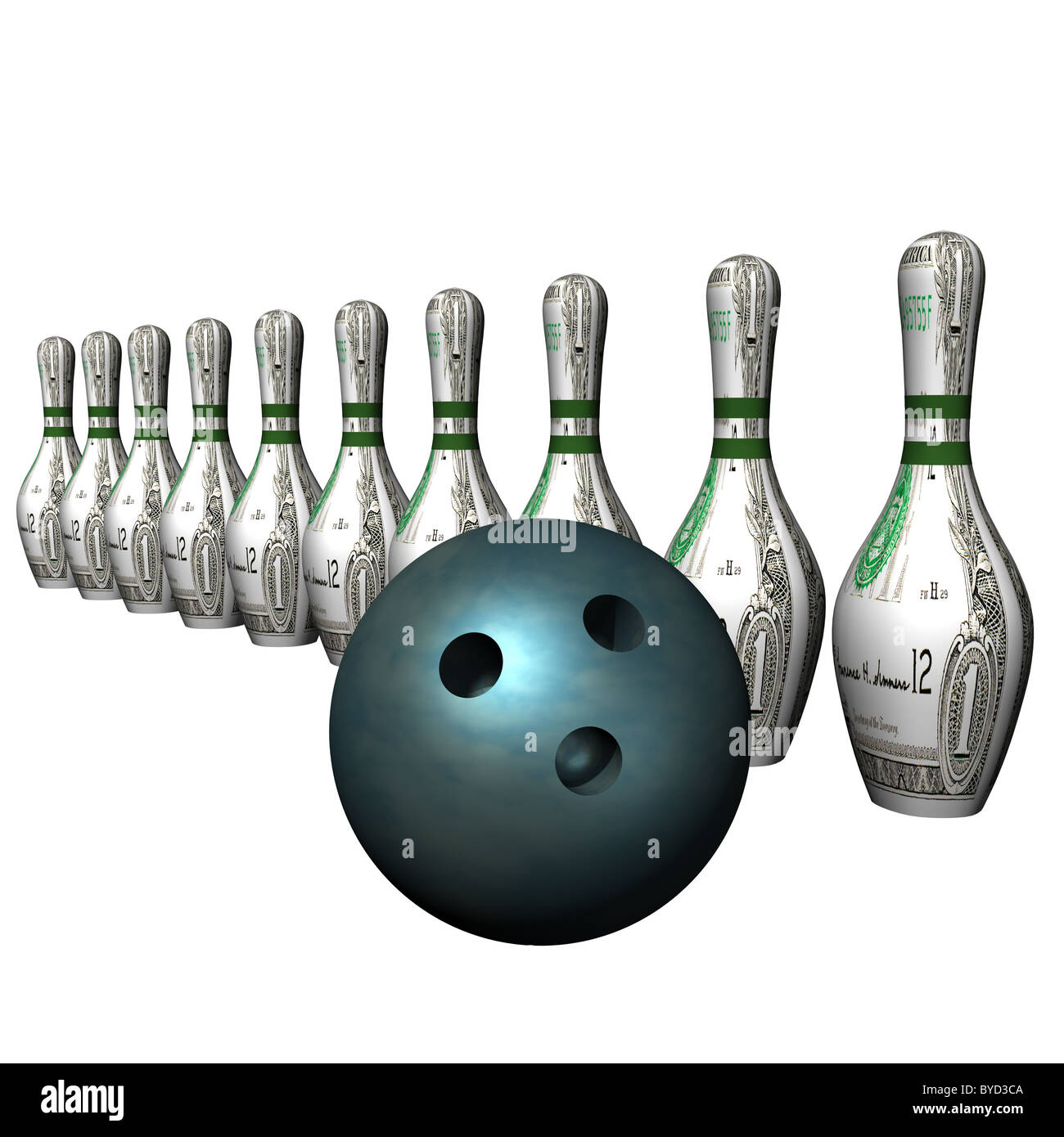 Dollar size and bowling ball on a white background Stock Photo - Alamy