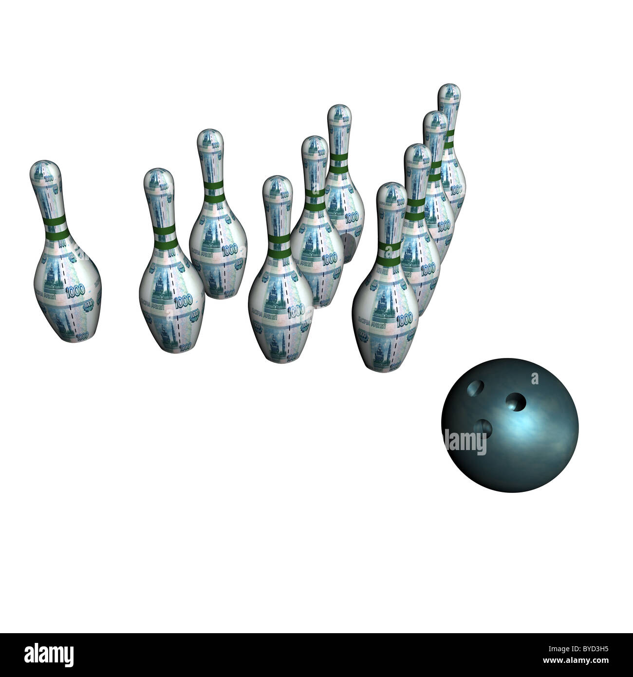 1000-ruble size and bowling ball on a white background Stock Photo - Alamy