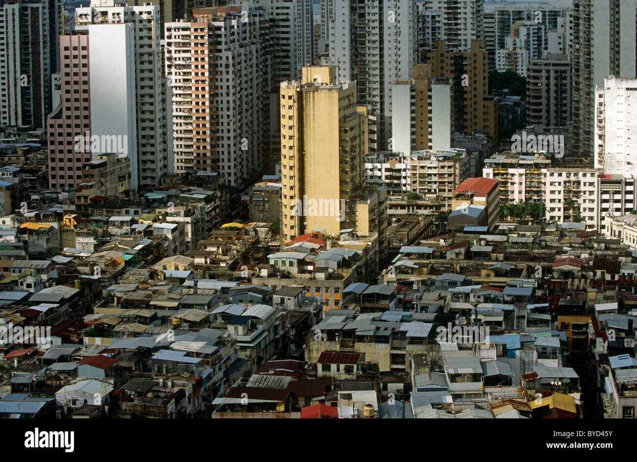 An aerial view of central Macau, looking down on high-rise apartments ...