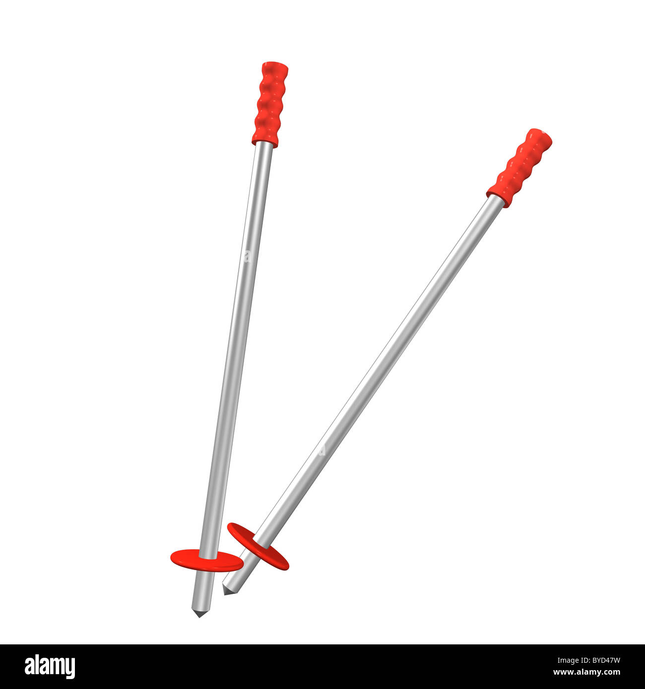 Red metal mountain-skiing sticks in the form of a tick, it is isolated ...