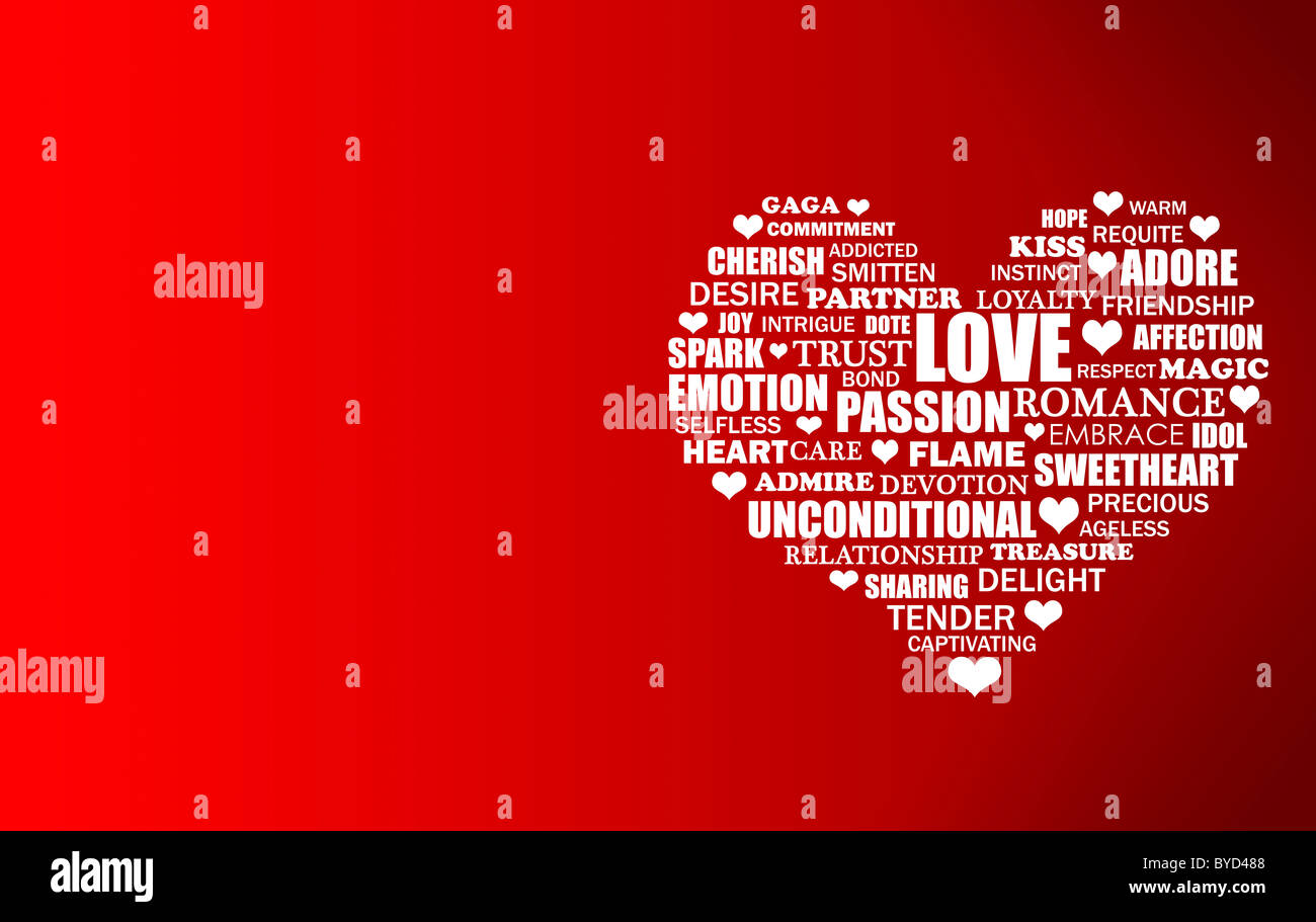 Heart shape of words on red gradient background Stock Photo - Alamy