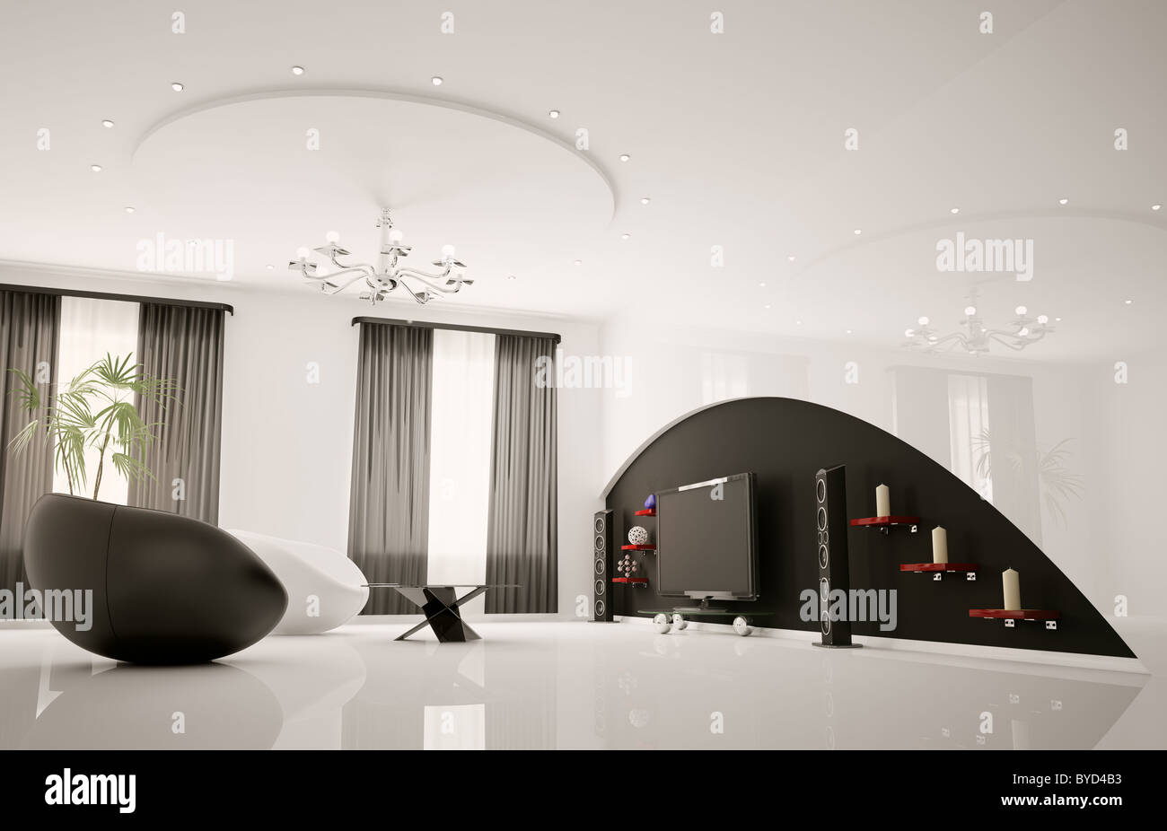 Modern interior of living room with armchairs and lcd 3d render Stock ...