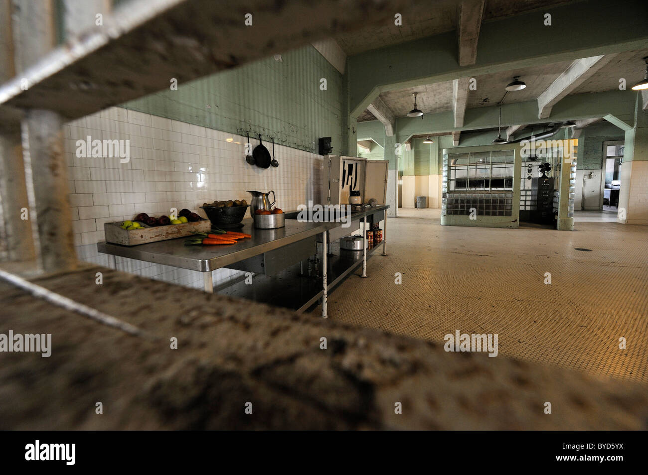 Looking through the meal slot in the dining hall into the kitchen in ...