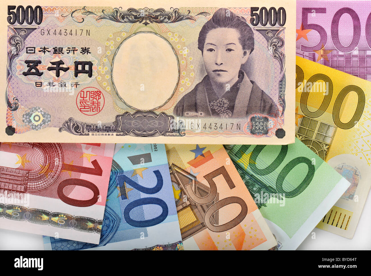Fan of various euro banknotes and Japanese yen, symbolic image for ...