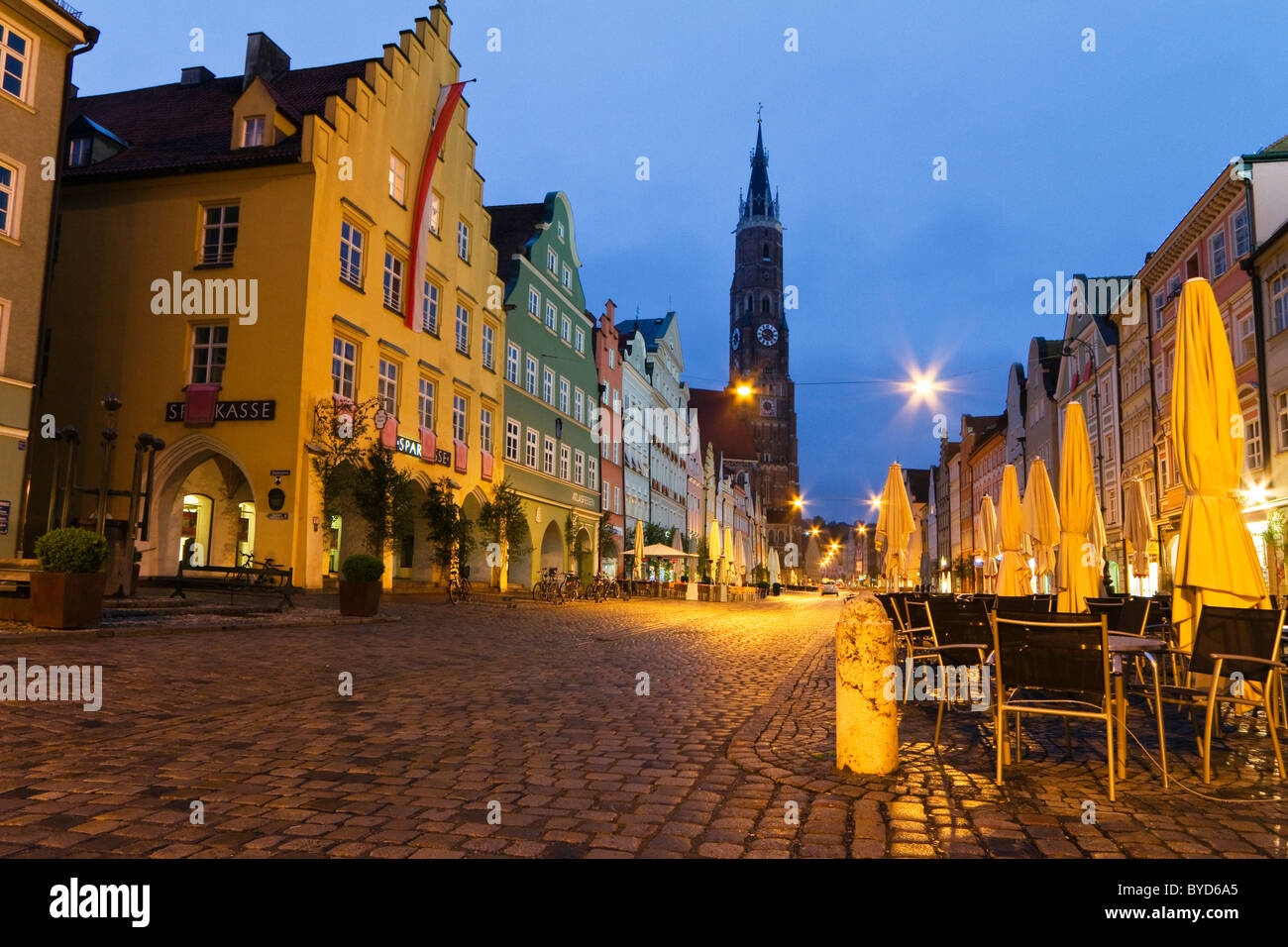 Pedestrian zone of the historic town centre of Landshut at dusk, Lower ...