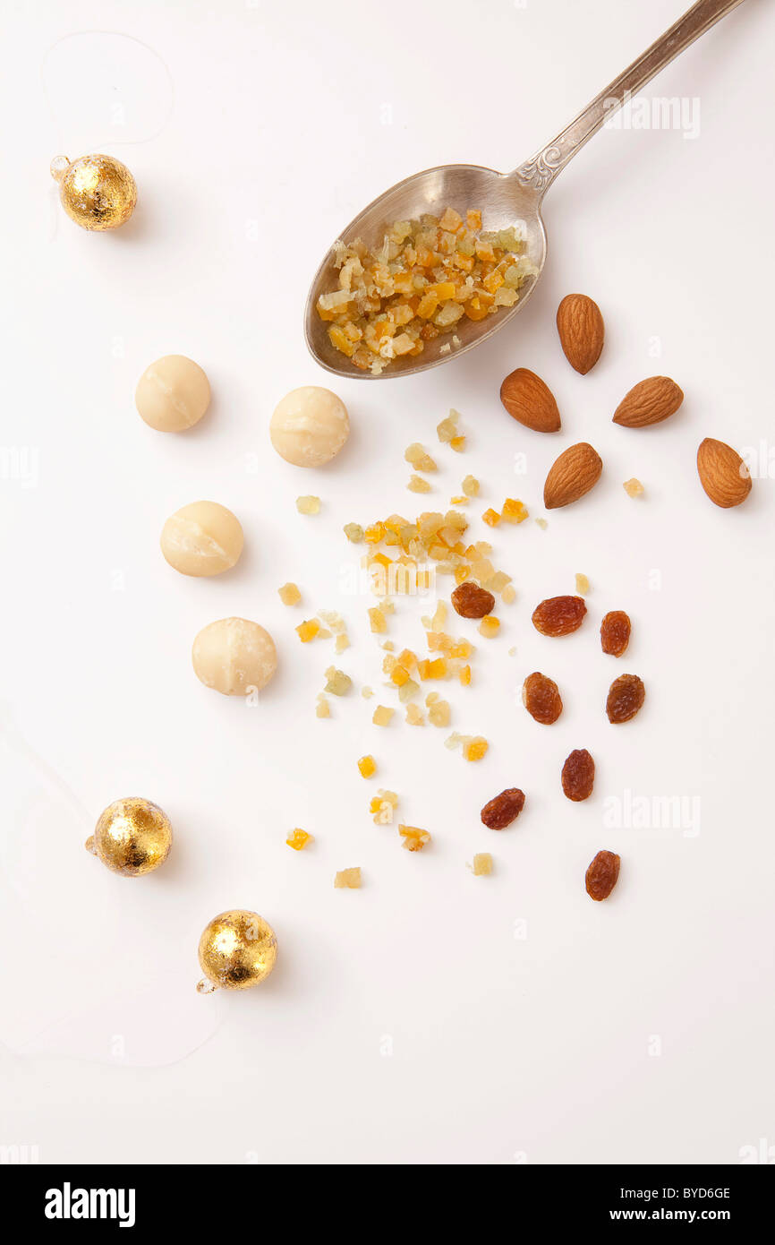 Almonds, macadamia nuts, raisins, candied lemon and orange peel, little ...