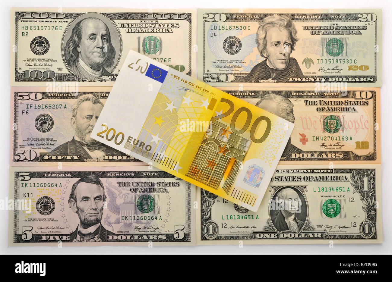 Symbolic image for exchange rate, U.S. dollar banknotes, euro banknote ...