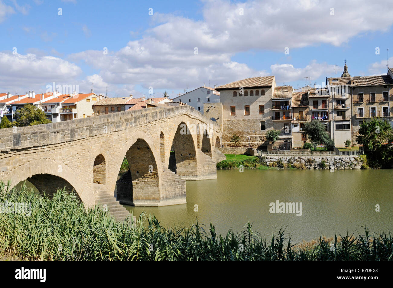 Romanica puente bridge over the Arga river, Camino de Santiago or the ...
