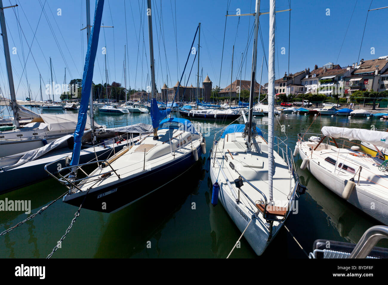 Port of Morges in front of Morges Castle, Lake Geneva, Canton of Vaud ...