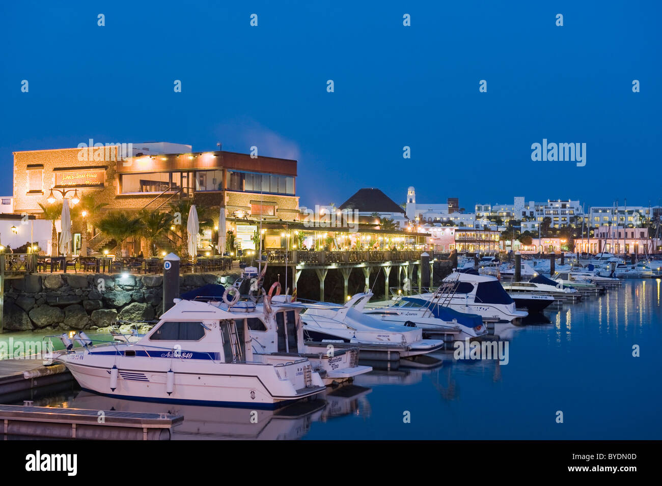 Boats in the marina at night, Marina Rubicon, Playa Blanca Stock Photo ...