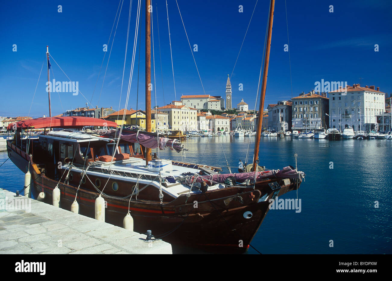 Old sailing ship in the port of Piran, Istria, Slovenia, Europe Stock ...