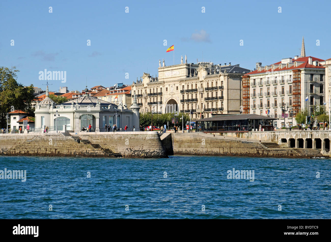 Boat landing stage, Banco de Santander bank building, waterfront ...