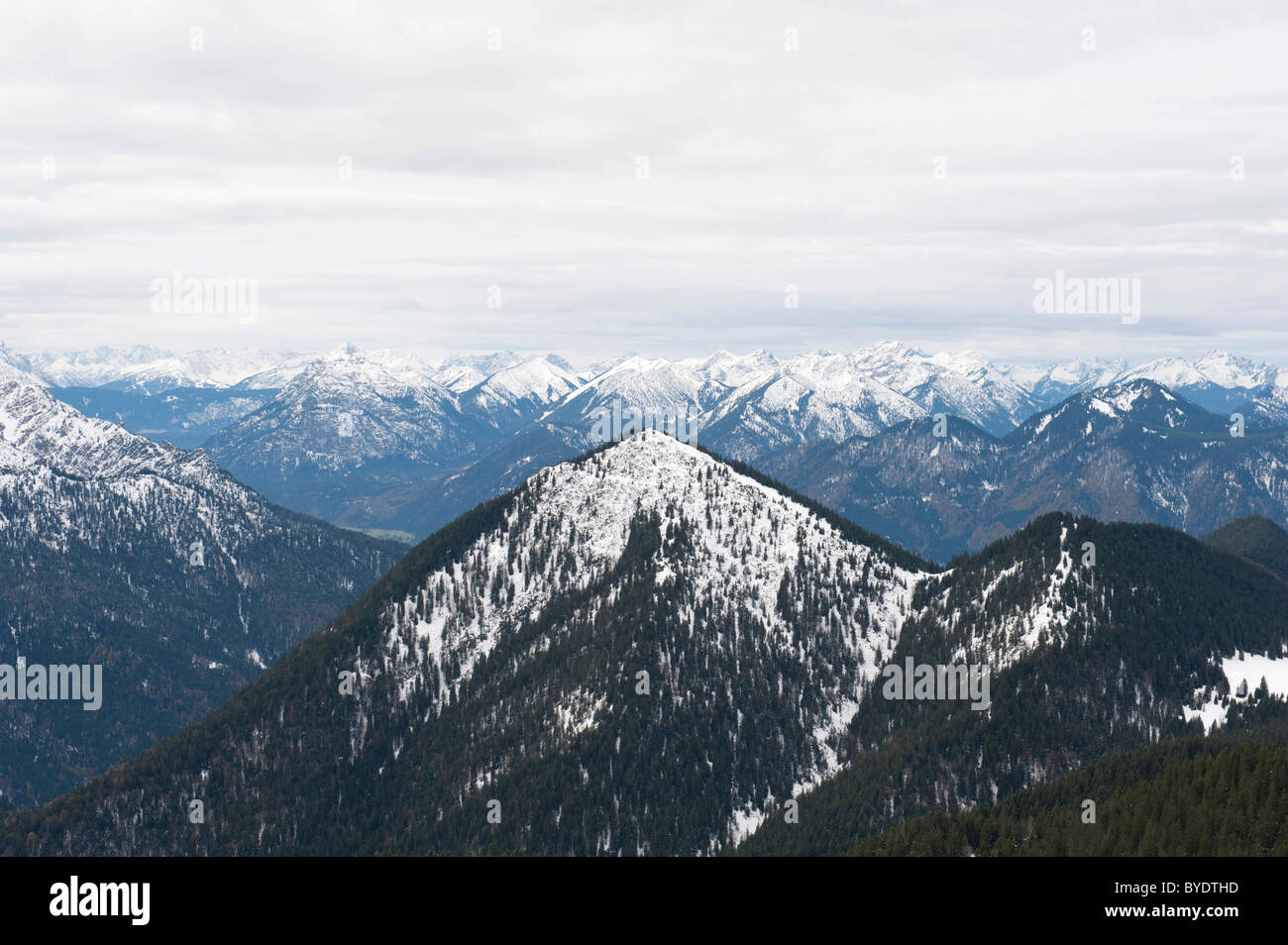 Views of snowy mountain peaks from Mt. Heimgarten, at Ohlstadt ...