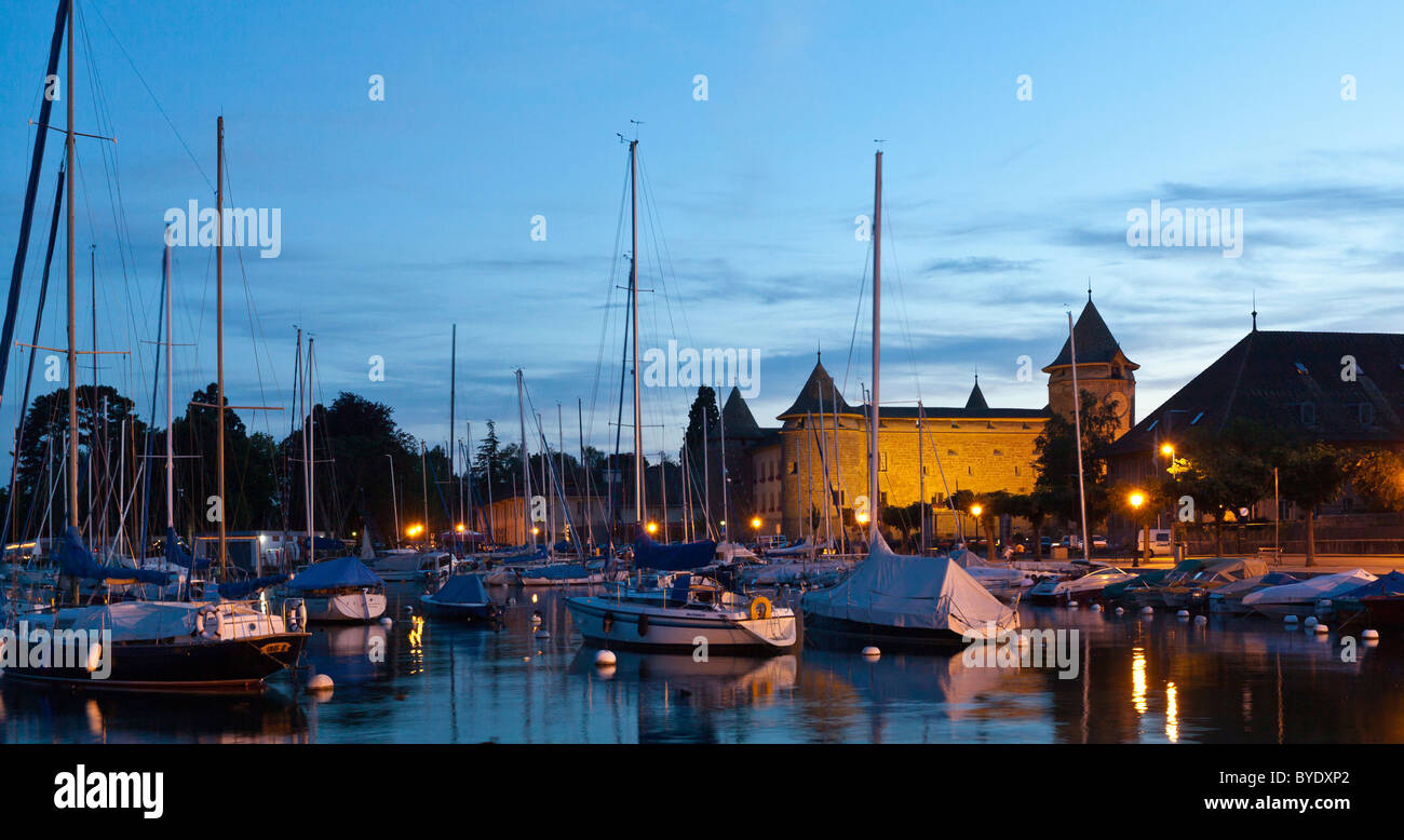 Morges harbour, Morges Castle at the back, canton of Vaud, Lake Geneva ...