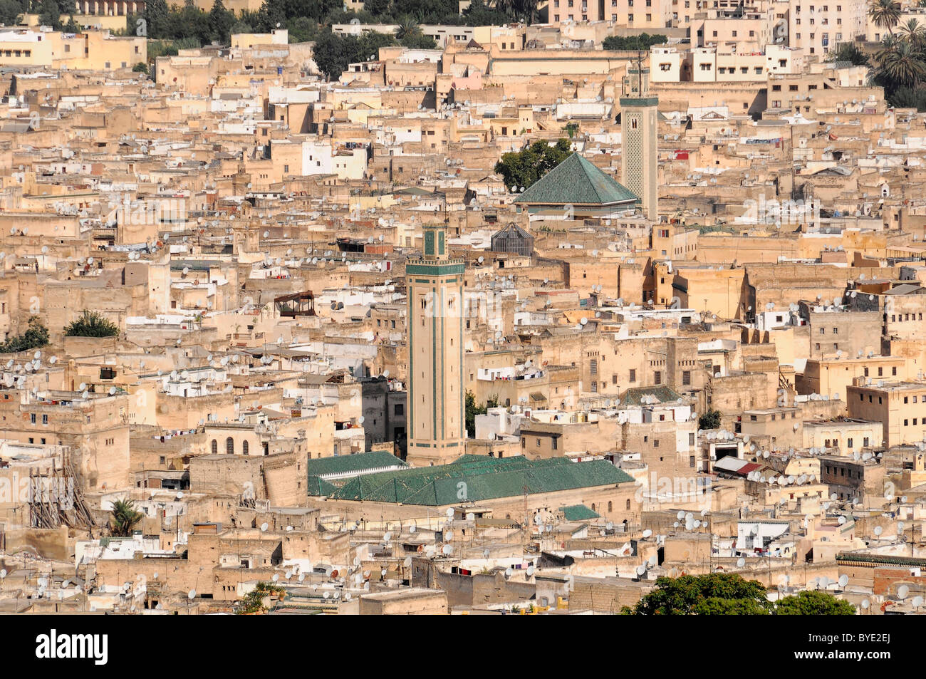 Cityscape of the historic city centre with mosques, Royal City of Fez ...