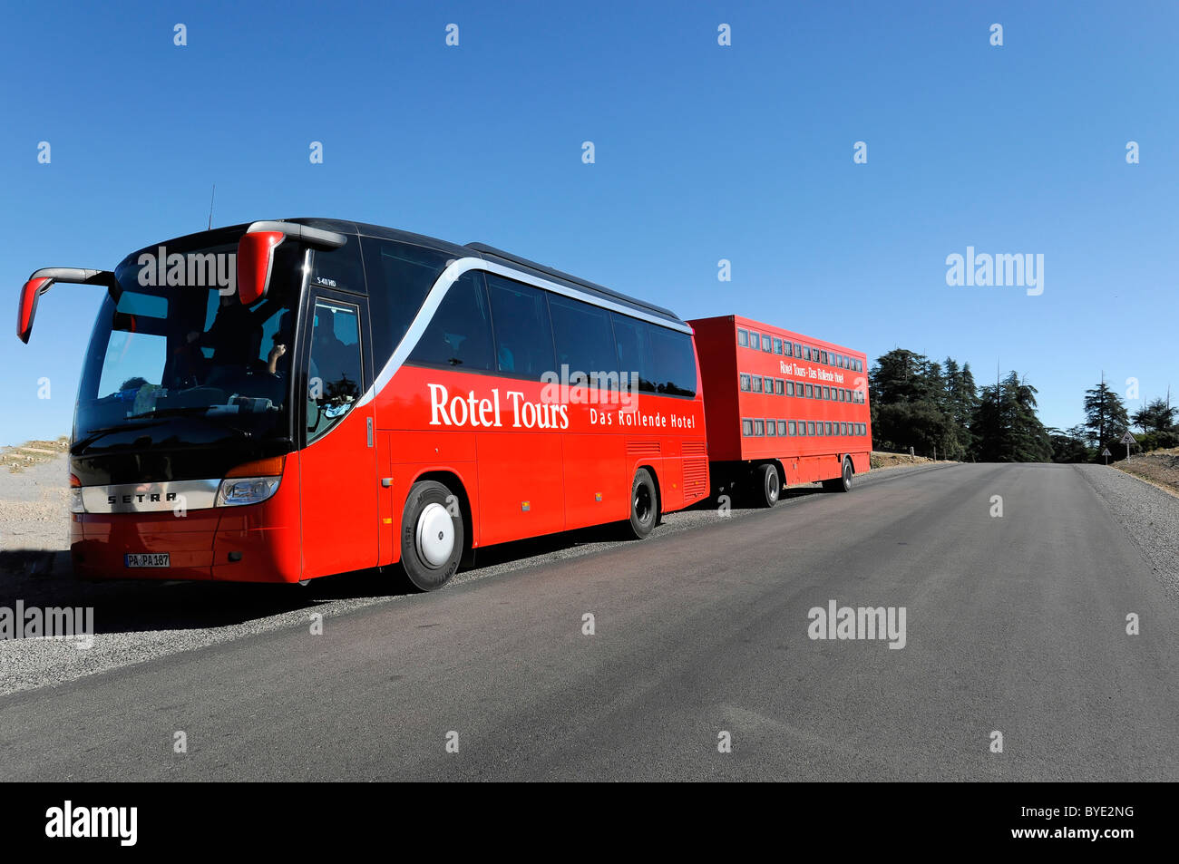 Rotel, a tour coach with a mobile hotel, travelling on the road from ...