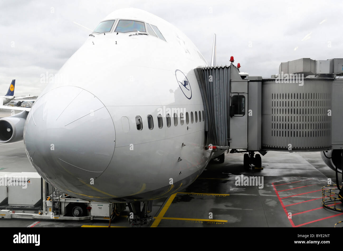 Front of a Lufthansa plane with a view towards the cockpit just before ...
