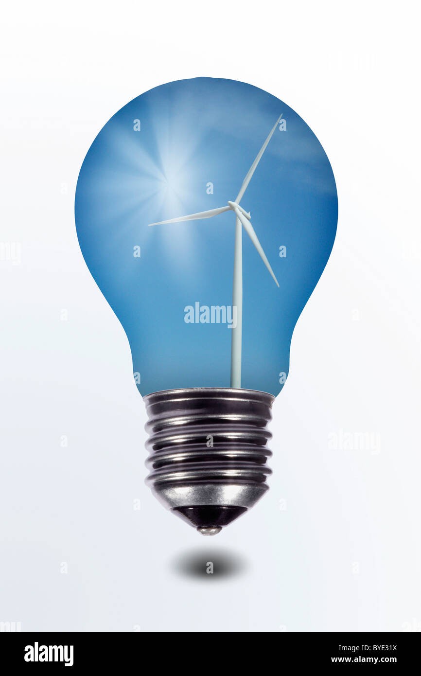 Light bulb with a wind turbine, symbolic image for the environment ...