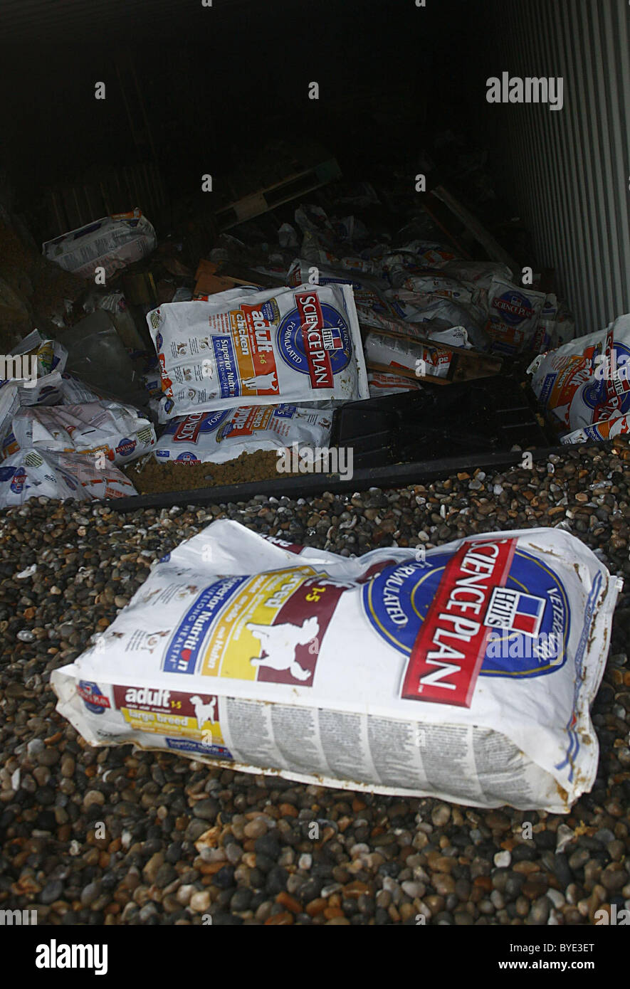 Dog food cargo in a container from the stricken ship MSC Napoli on the ...