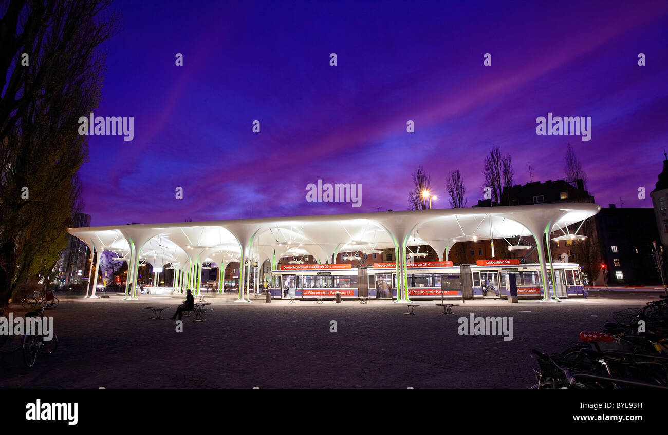 MVV Muenchner Freiheit bus station in the evening, Munich, Bavaria ...