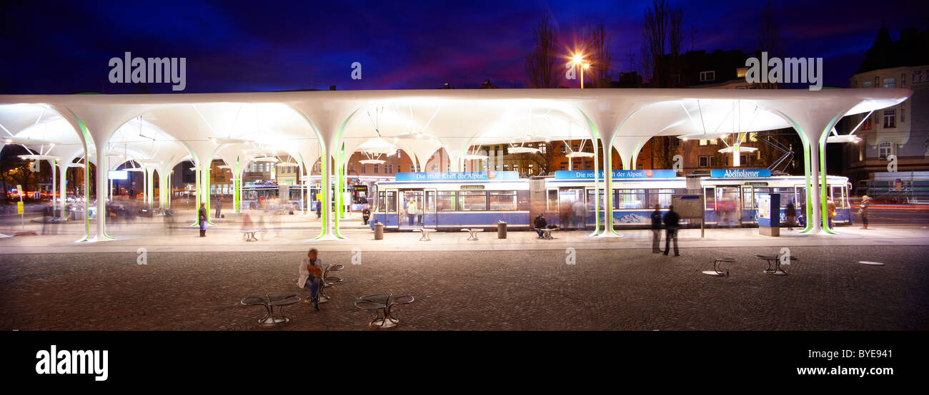 MVV Muenchner Freiheit bus station in the evening, Munich, Bavaria ...