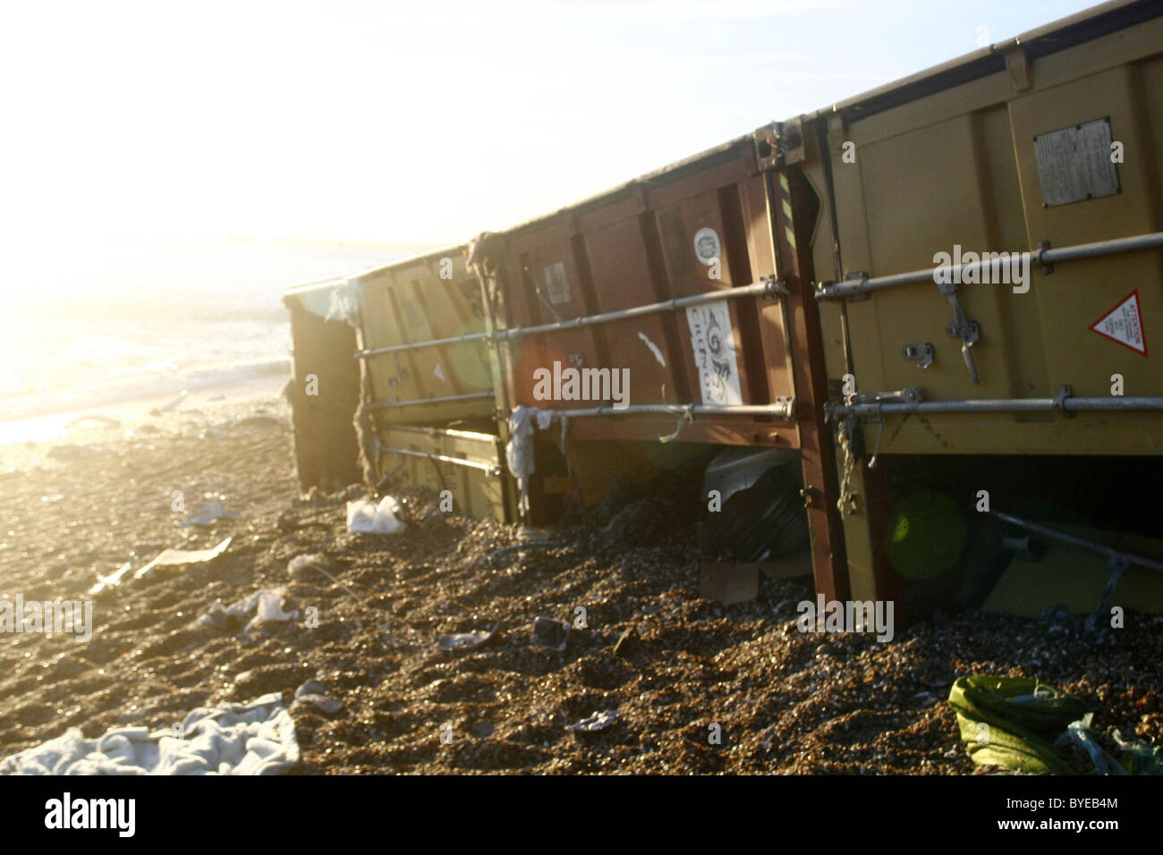 A cargo in a container from the stricken ship MSC Napoli has washed up ...