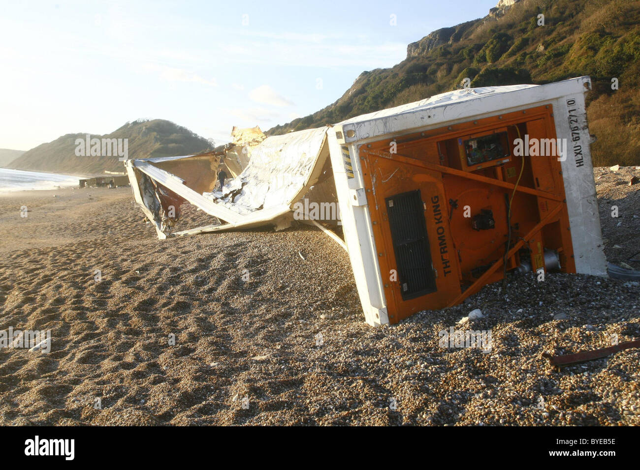 A cargo in a container from the stricken ship MSC Napoli has washed up ...