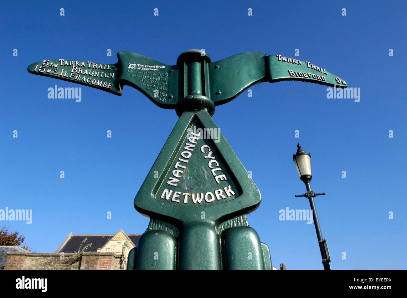 A National cycle network sign on the Tarka trail near Barnstaple, Devon ...