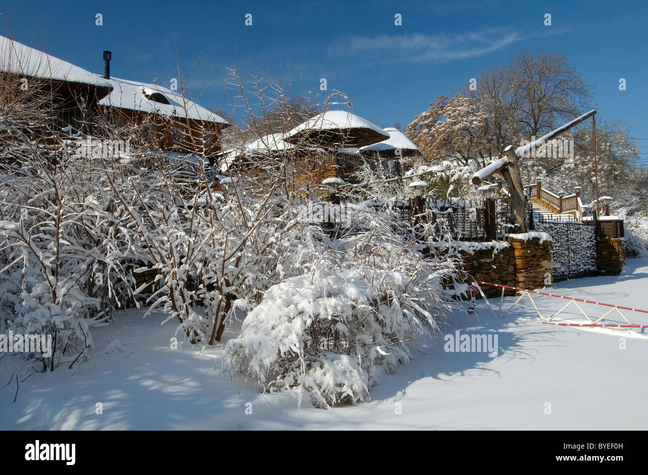 snow-covered wooden manor Stock Photo - Alamy