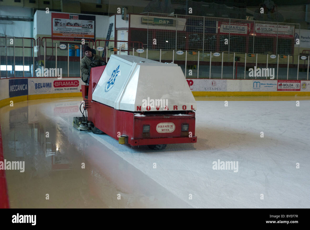 A machine Cleaning / sweeping an ice rink in Nove Zamky Slovakia Stock ...