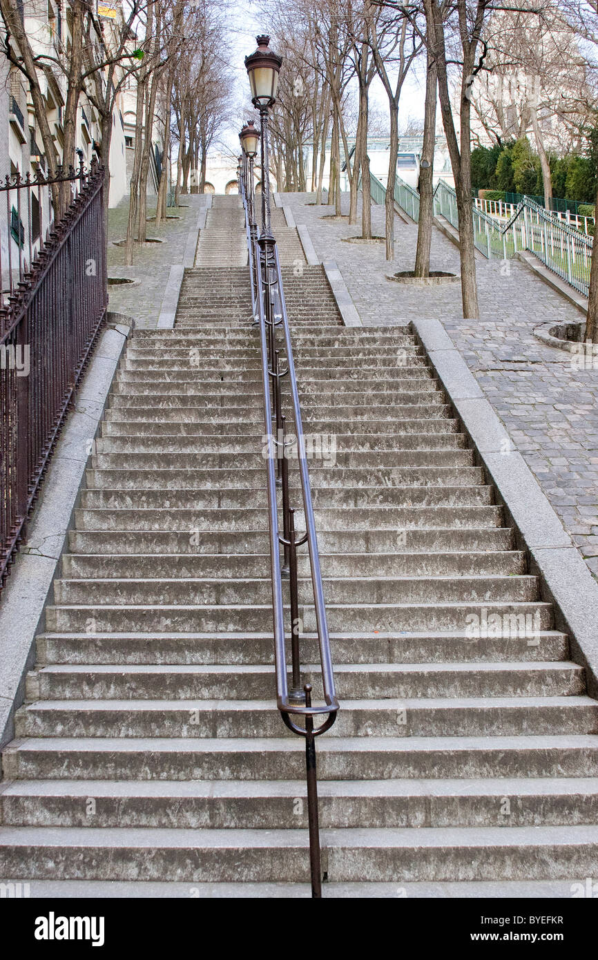 Steps leading down from "Sacre Coeur" to the "Montmartre District" of ...